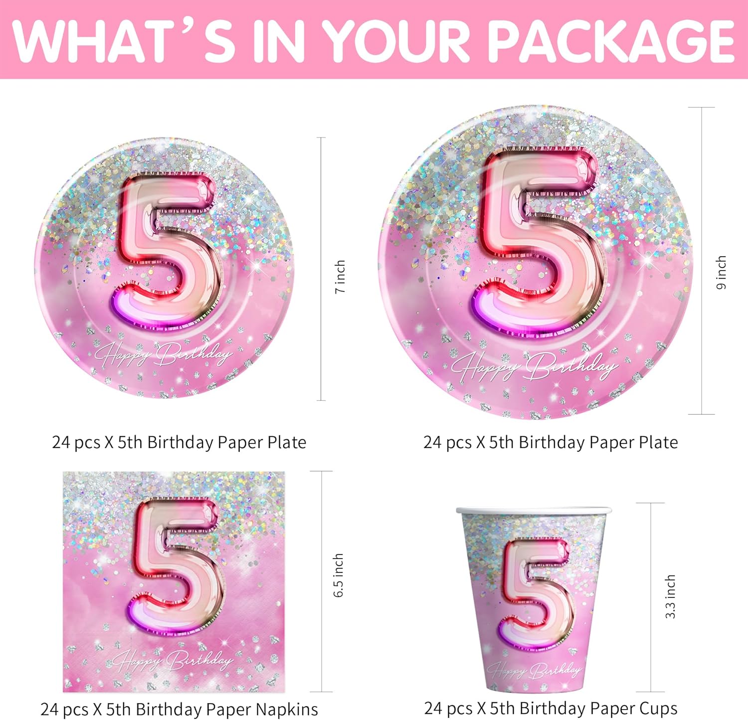 SHILIU-Pink 5th Birthday Decorations Tableware, Girl Fifth Birthday ...