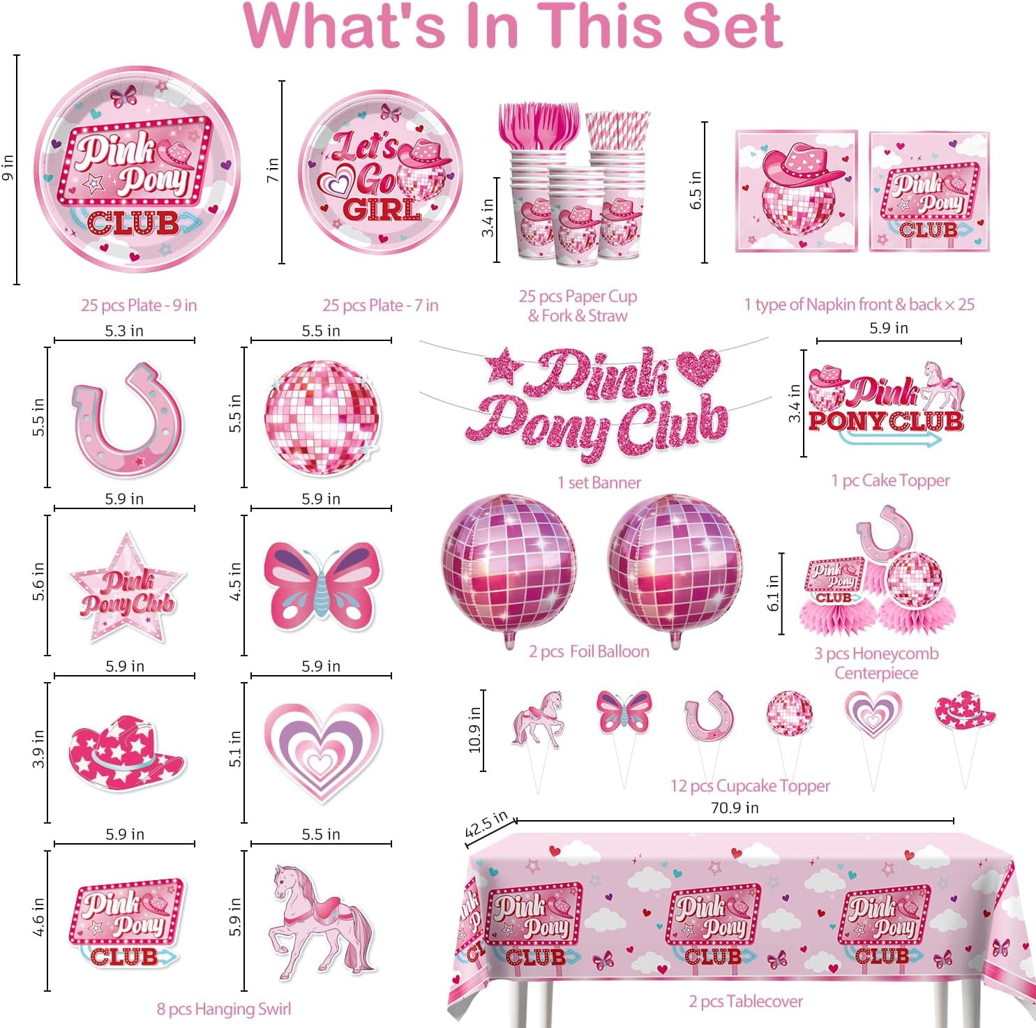 SHILIU-Pink Pony Club Decorations with Cake Topper, 25 Serves pink pony ...