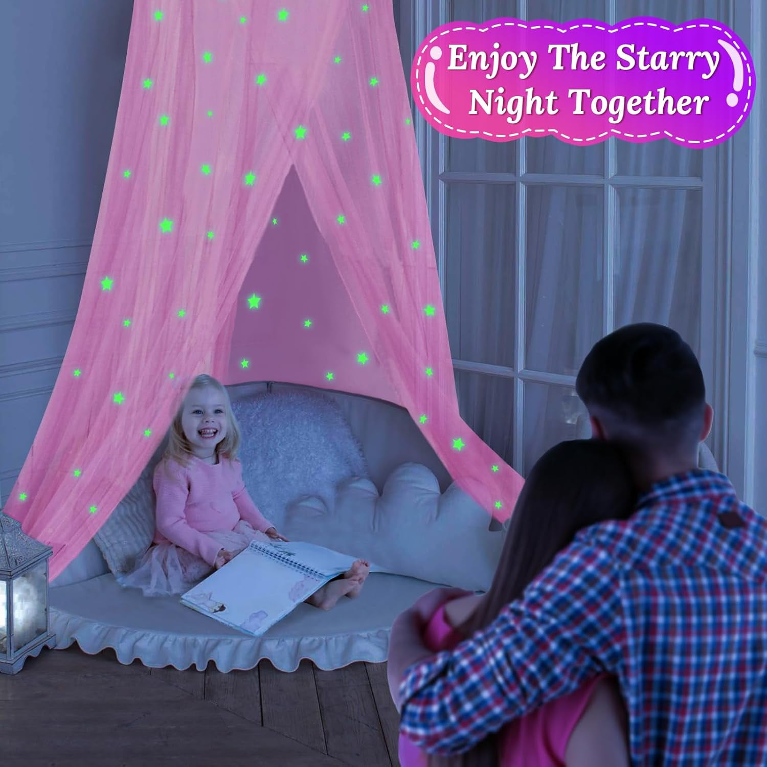 SHILIU-Princess Bed Canopy for Girls with Glowing Stars, Pink Canopy ...