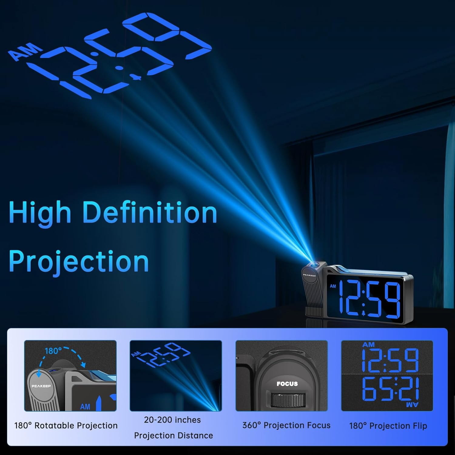 SHILIU-Projection Alarm Clock for Bedroom Ceiling 180° Rotatable, Loud ...