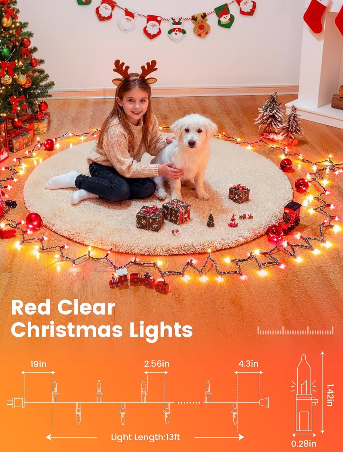 SHILIU-Red Clear Christmas Lights,13FT 50 Count Incandescent Mini Light ...