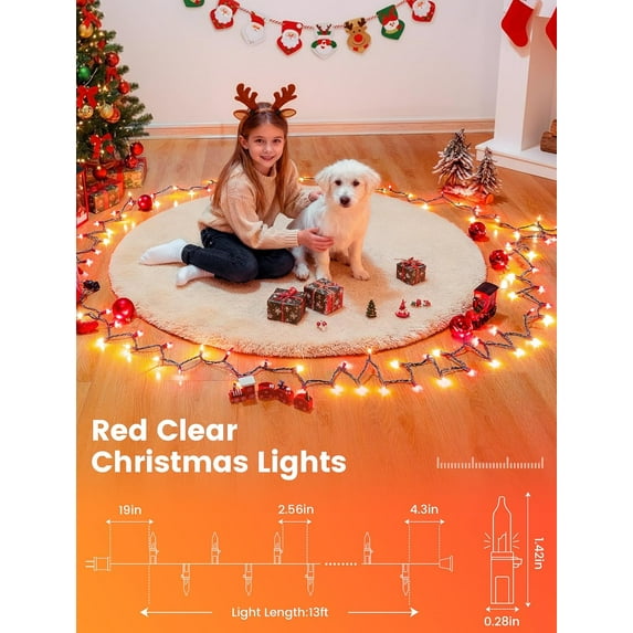 SHILIU-Red Clear Christmas Lights,13FT 50 Count Incandescent Mini Light ...