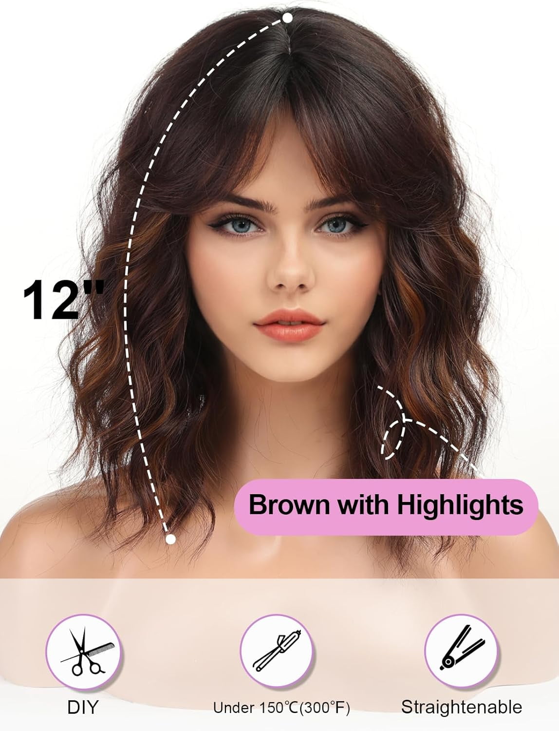 SHILIU-Short Brown with Highlights Bob Wigs for Women,Synthetic Wavy ...