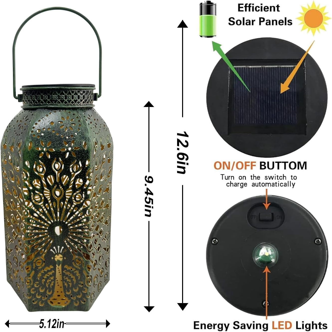 SHILIU-Solar Hanging Lantern Outdoor Waterproof,Green Peacock Big Metal ...