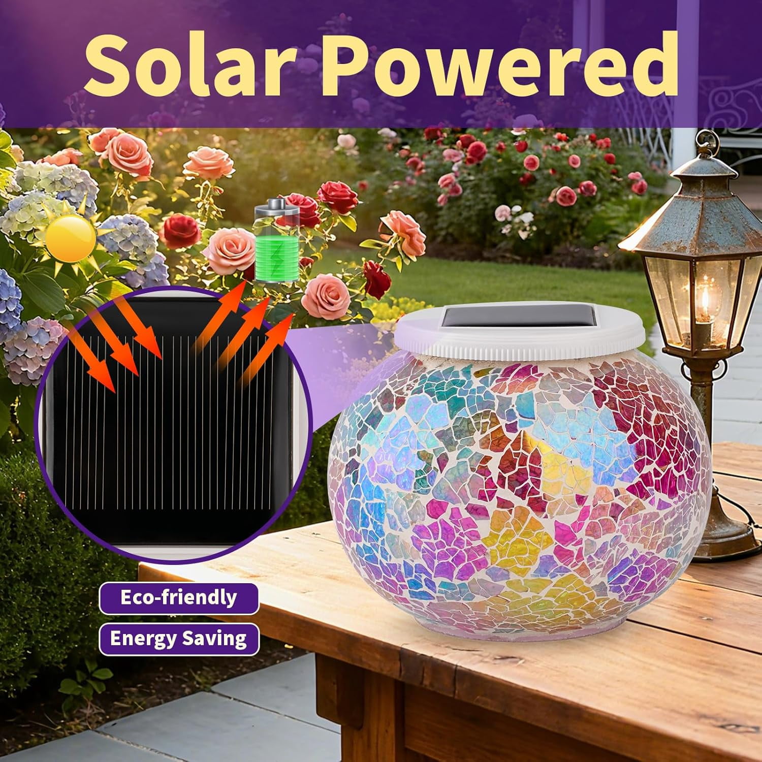 SHILIU-Solar Powered Table Light Globe Stained Glass Rechargeable Lamp ...