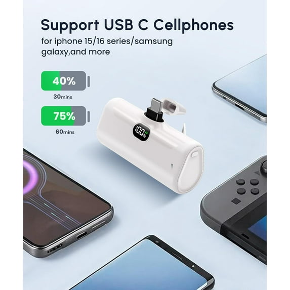 SHILIU-White USB C Power Bank for iPhone 15 Pro,[100%-0 Digital Display ...