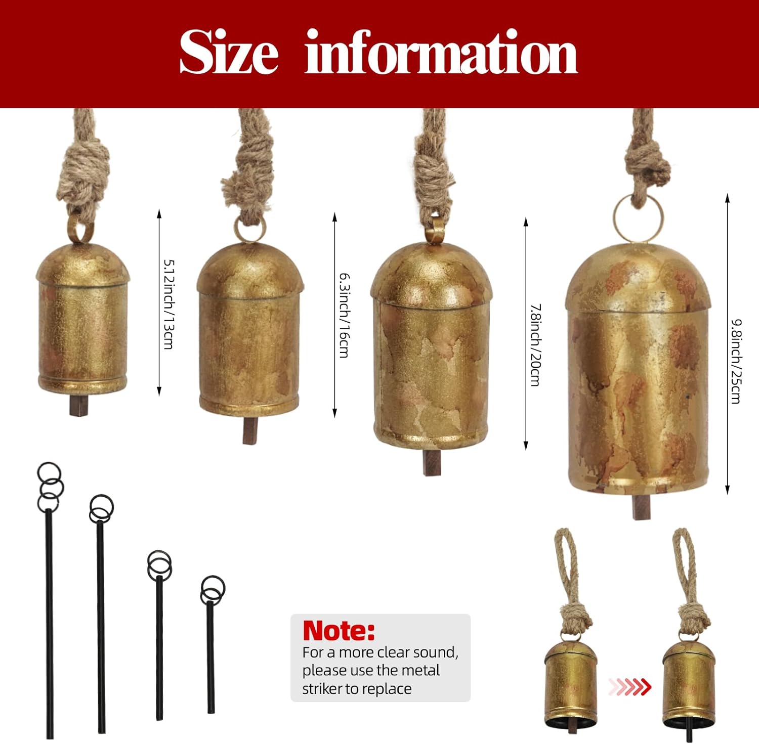 SHILIU-Whololovein 4 Pack Giant Harmony Rustic Gold Christmas Cow Bells ...