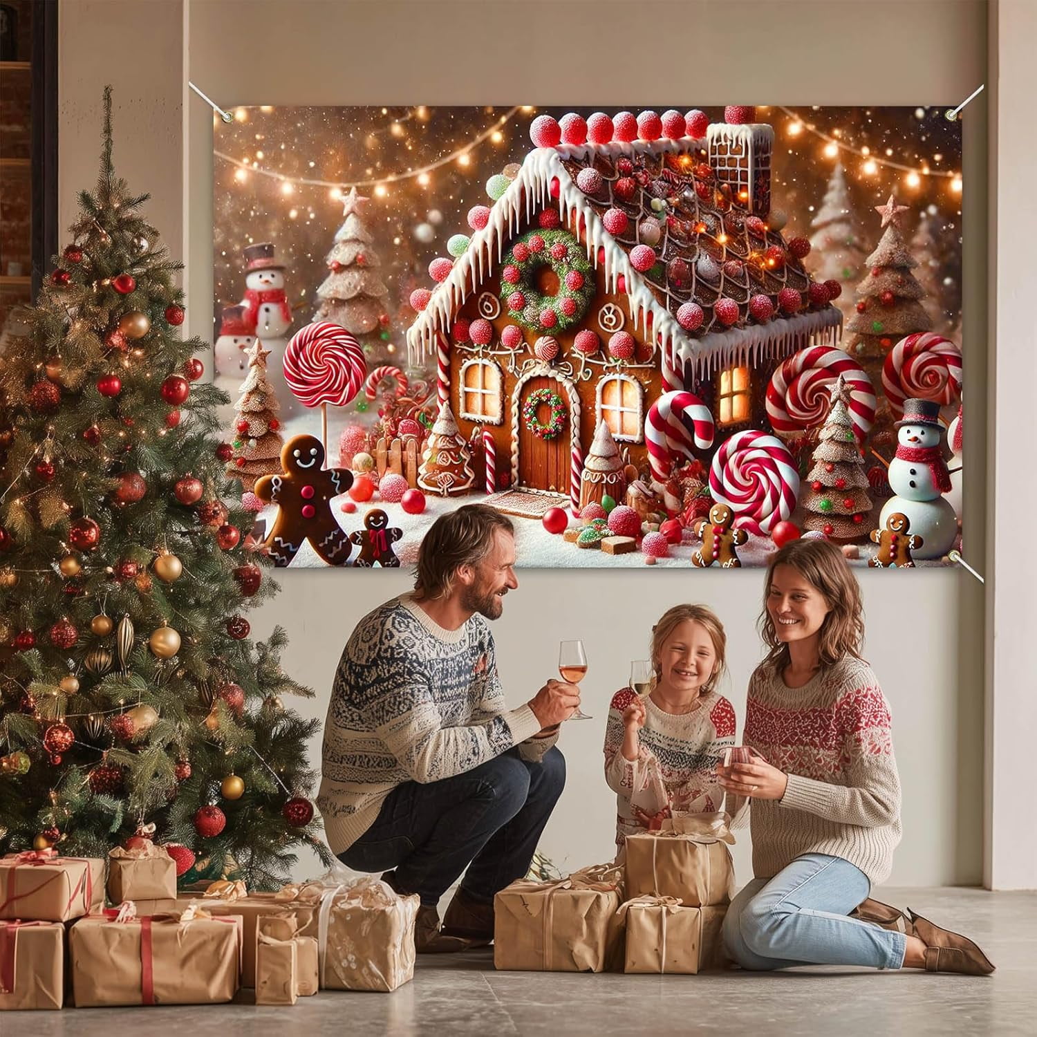 SHILIU-Winter Door Banner Backdrop Christmas Gingerbread House Banner ...