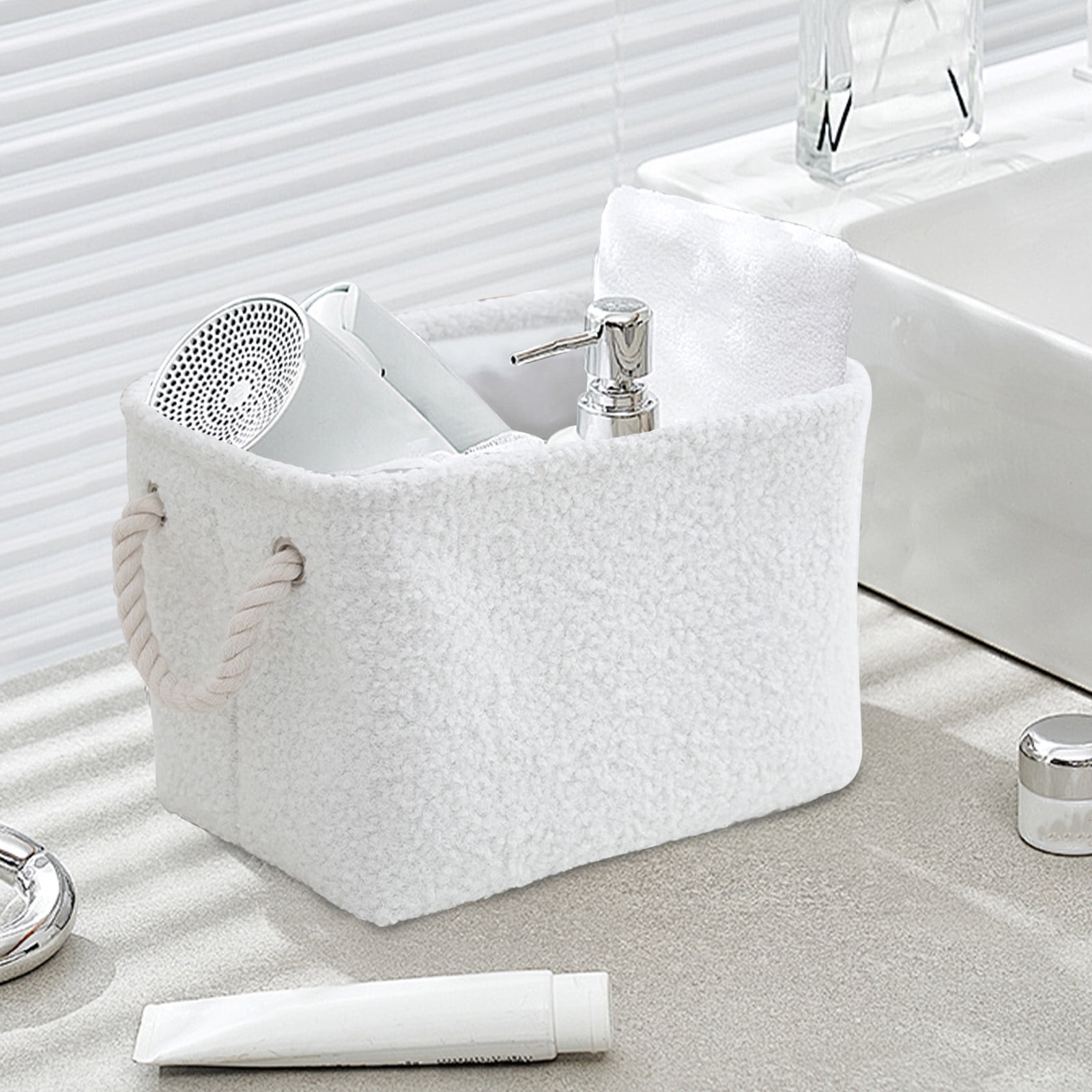 SHIMELE Curly Faux Fleece Storage Basket, Soft Decorative Bin with Rope ...