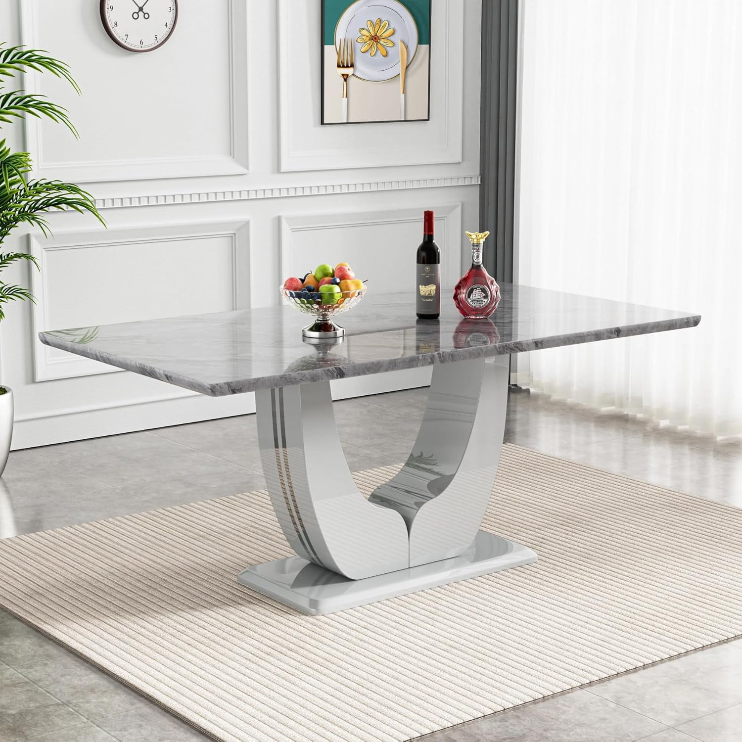SHIMINL Modern Dining Table for 4-6, 63 Inch Grey Marble Kitchen Table with U-Shape Pedestal ...