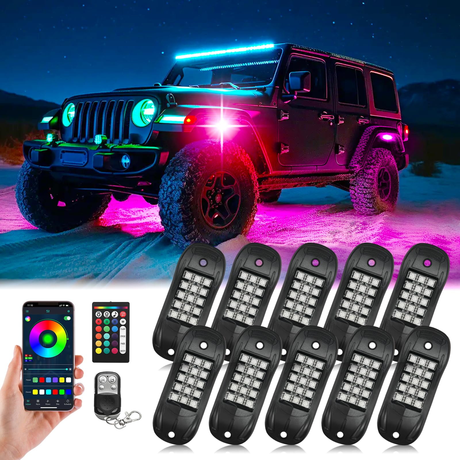 SHINIGHT RGB LED Rock CM31 Lights for Trucks, 10 Pods Brightness Under ...