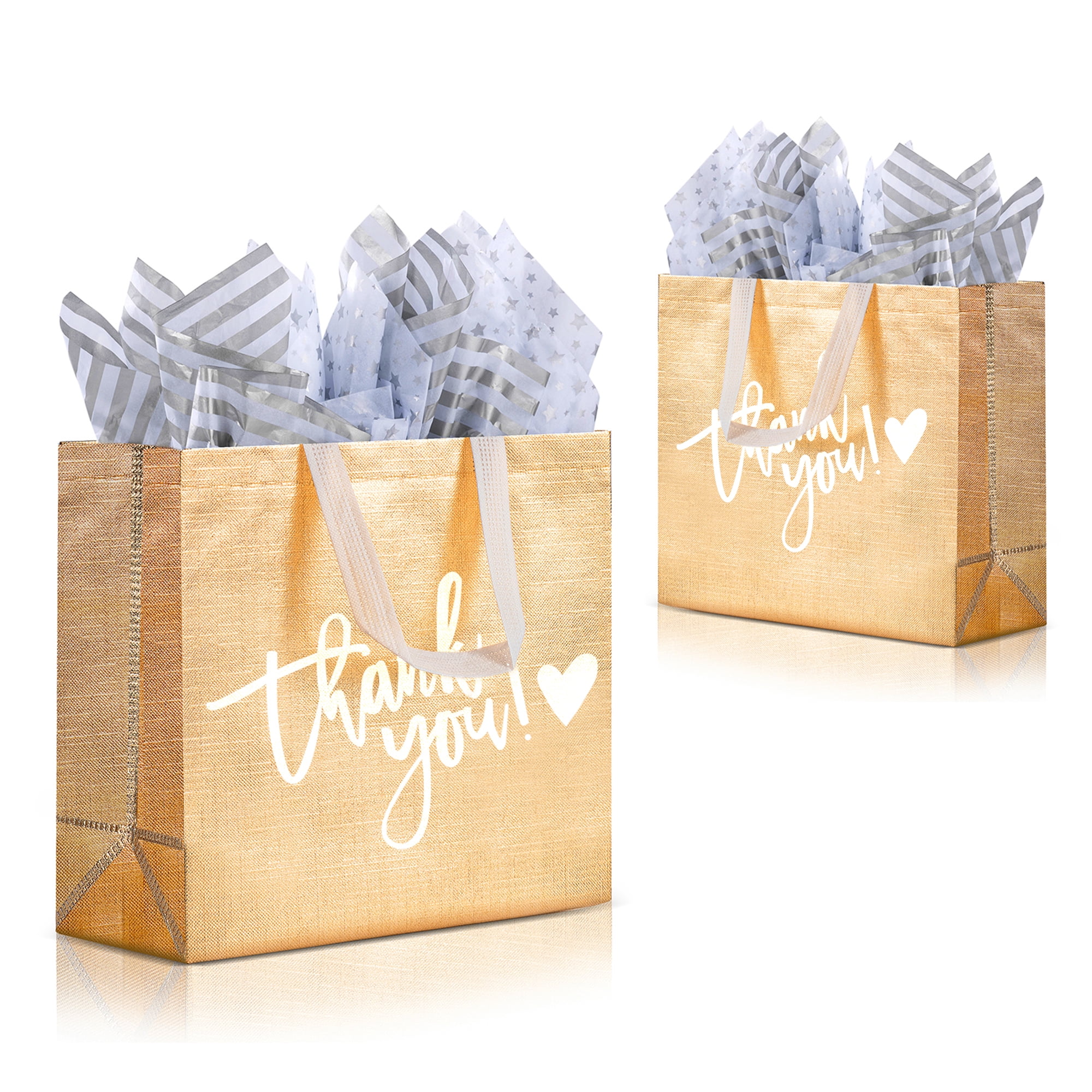 SHIPKEY 10 Pack Gold Grocery Bags with Tissue Paper, 12.5x4.7x11 Inches ...