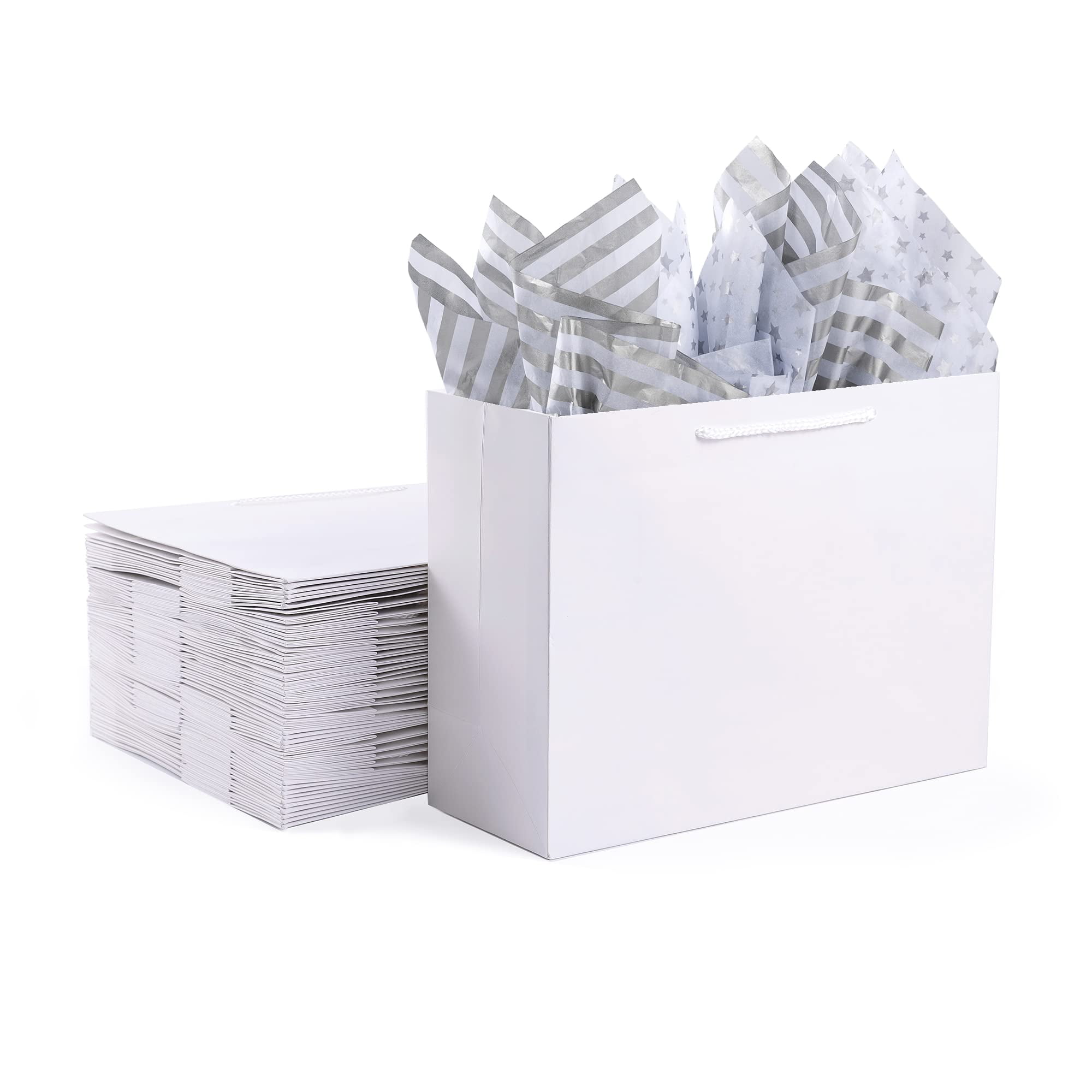 SHIPKEY 12 Pack Large White Gift Bags with Silver Tissue Paper, 12.5x4 ...
