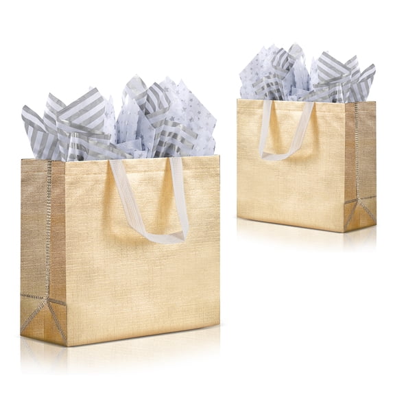 SHIPKEY 4 Pack Gold Gift Bags with Tissue Paper, 12.5x4.7x11 Inches ...