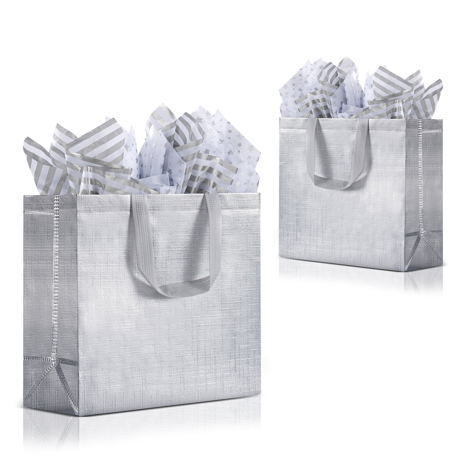 SHIPKEY 4 Pack Silver Gift Bags with Tissue Paper, 12.5x4.7x11 Inches ...