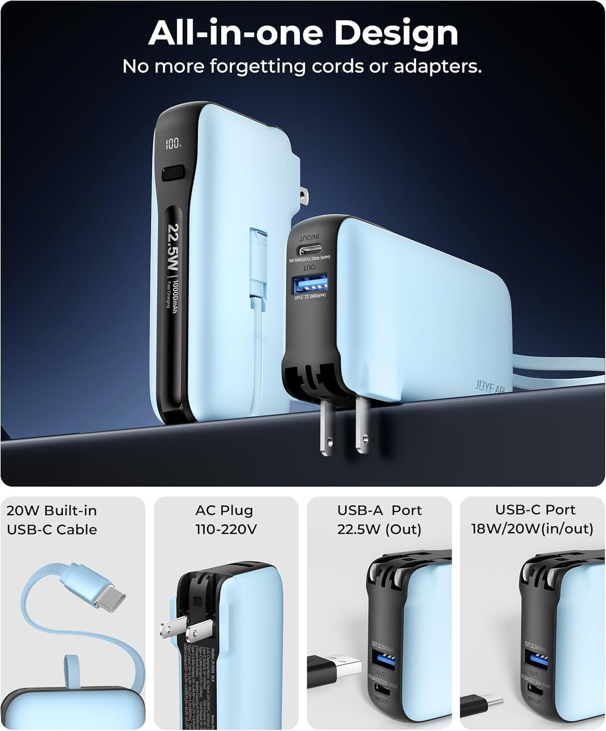 SHIQI-1 Pack Portable Charger with Built-in USB-C Cable & Plug, 10 ...