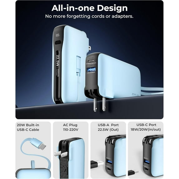 SHIQI-1 Pack Portable Charger with Built-in USB-C Cable & Plug, 10 ...