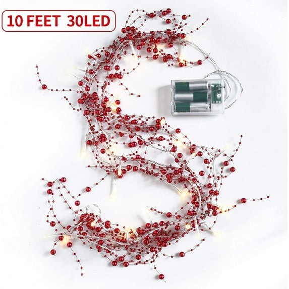 SHIQI-10 Feet 30 LED Christmas Light Metal Berry Beaded Garland Indoor ...