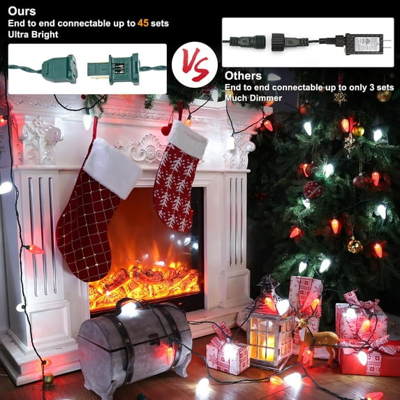 SHIQI-100 LED C9 Red & White Christmas Lights, 66FT Faceted Christmas ...