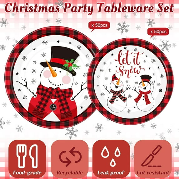SHIQI-100 Pack Christmas Paper Plates 9" & 7" Snowman Winter Gingham ...