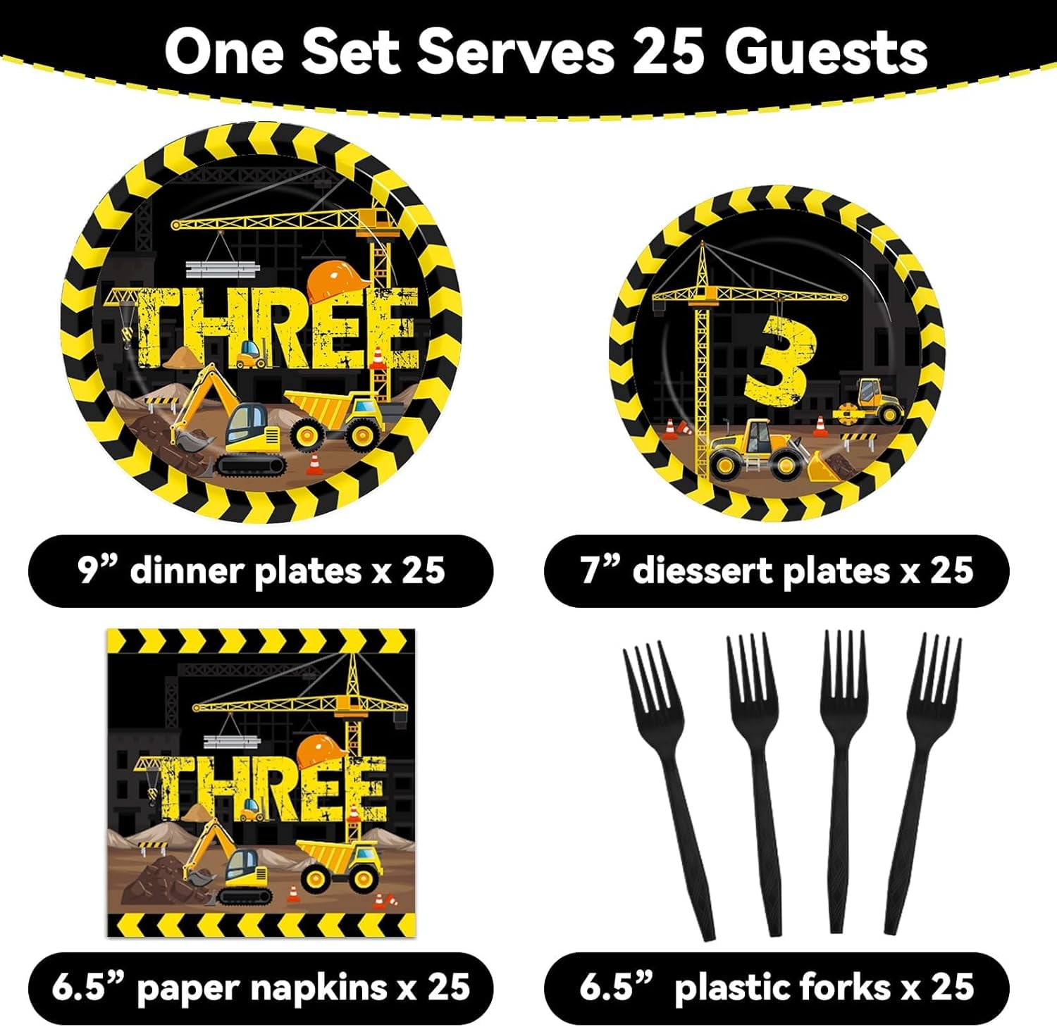 SHIQI-100 Pcs Construction Plates and Napkins Set 3rd Birthday Party ...