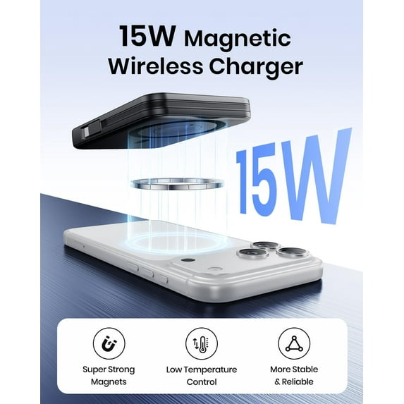 SHIQI-10000mAh Magnetic Power Bank with Built in 20W USB C Cable, Ultra ...