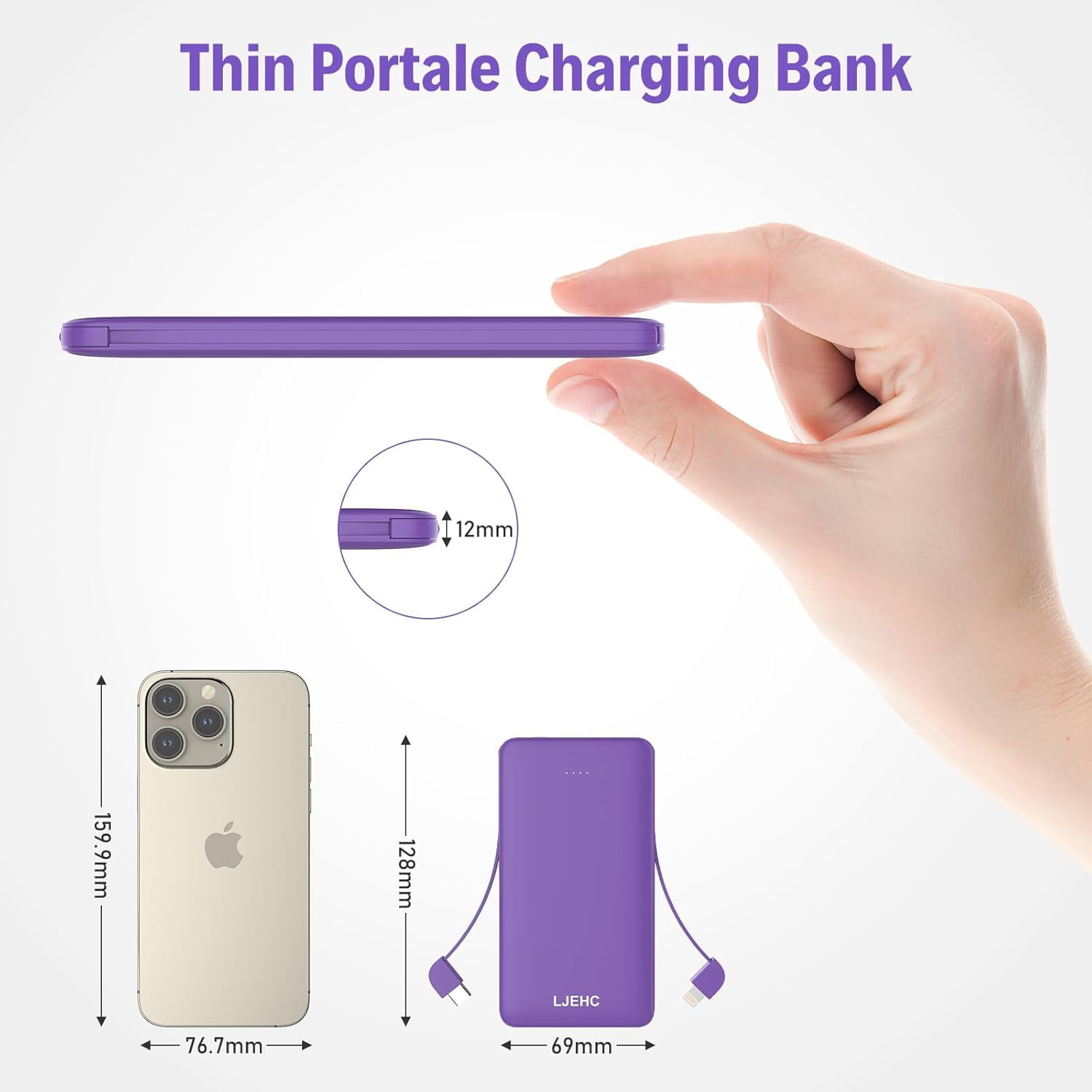 SHIQI-10000mAh Slim Power Bank with Built in Cable,Thin Lightweight ...