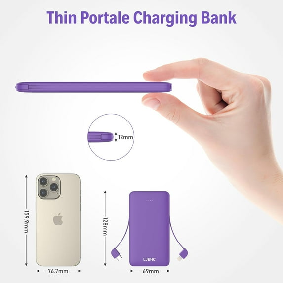 SHIQI-10000mAh Slim Power Bank with Built in Cable,Thin Lightweight ...