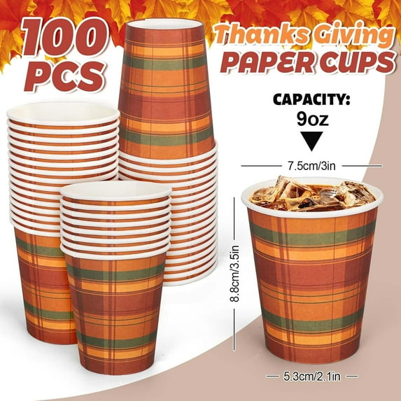 SHIQI-100Pcs Fall Thanksgiving Paper Cups Buffalo Plaid Disposable Cups ...