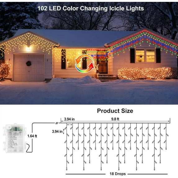 SHIQI-10Ft Christmas Icicle Lights Battery Operated 102LED Fairy Icicle ...