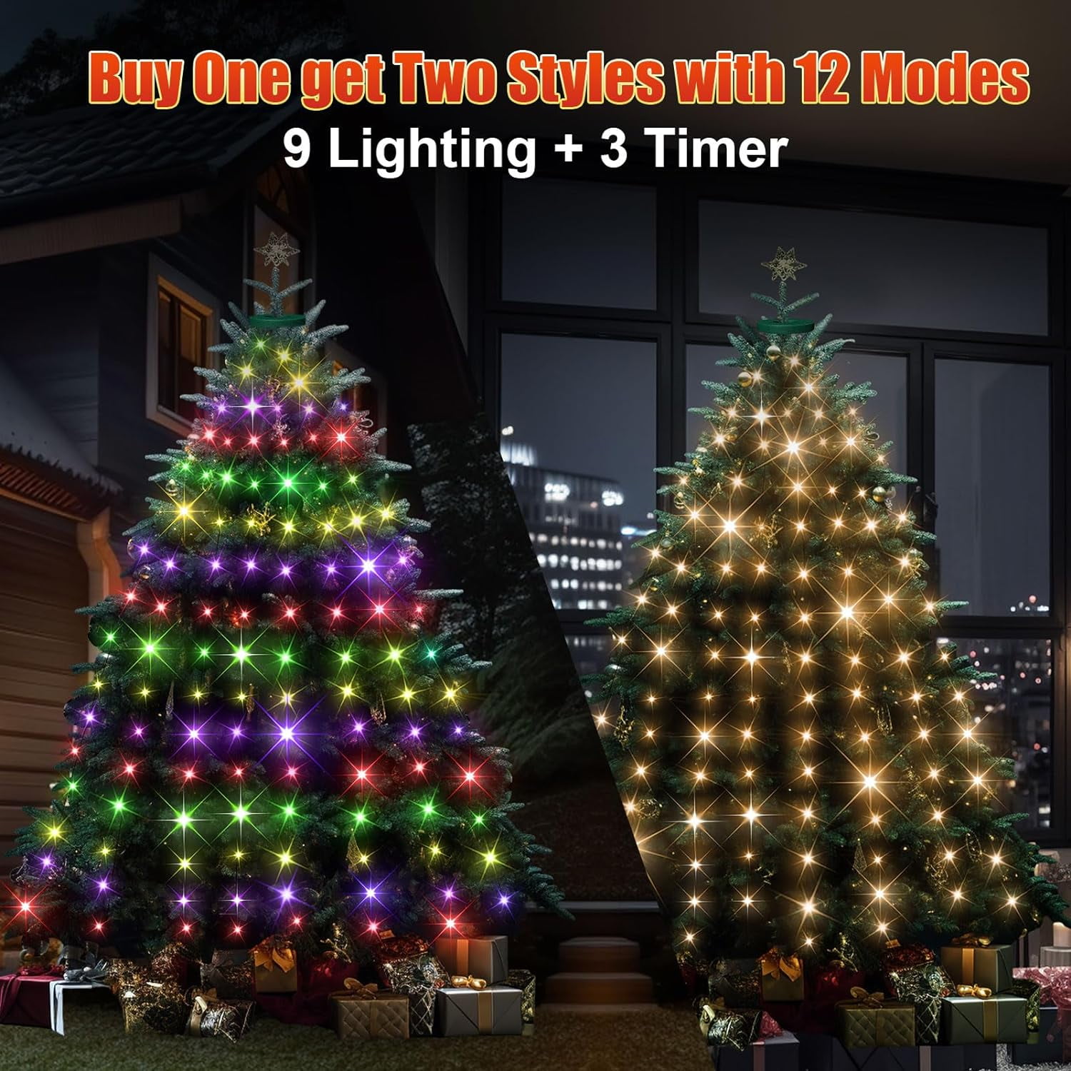 SHIQI-12 Modes Easy Christmas Tree Lights with Ring Indoor Outdoor ...