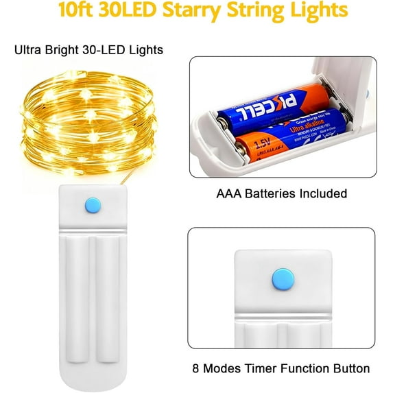 SHIQI-12 Pack 10ft 30LED Starry String Lights with 8 Modes Timer ...