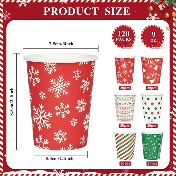 SHIQI-120 Pcs Red Green Christmas Paper Cups Bulk Disposable 9 oz Hot ...