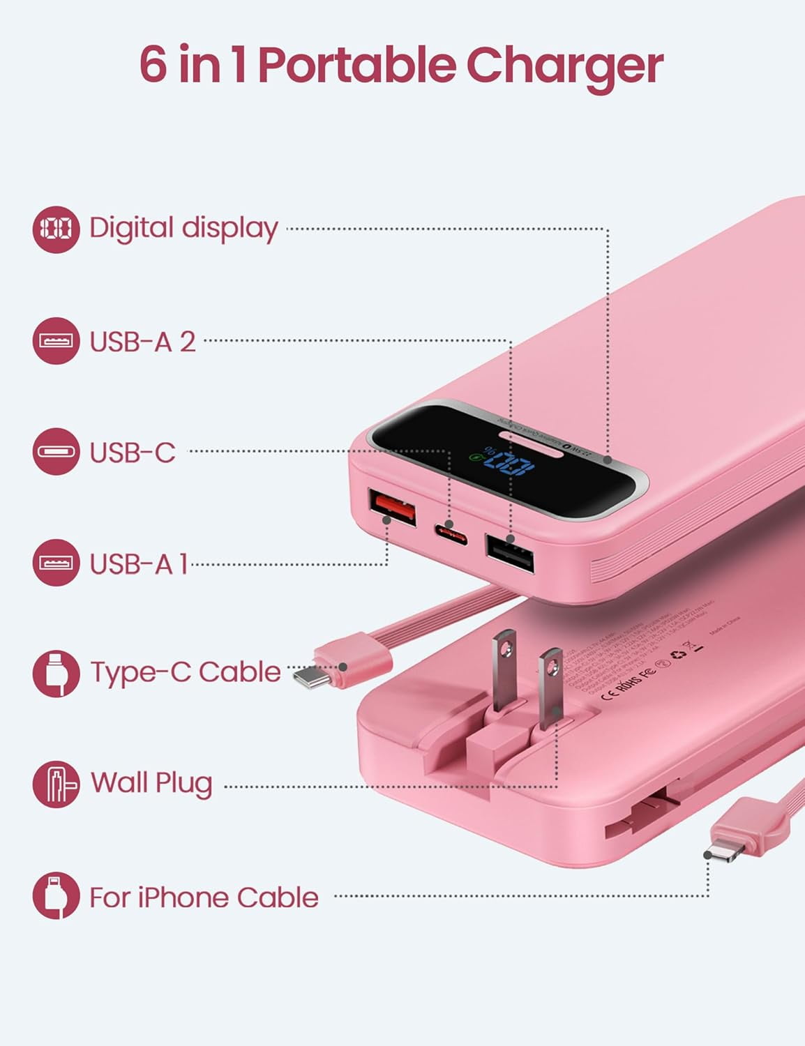 SHIQI-12000mAh Lightweight-Portable-Charger-Power-Bank with Built-in ...