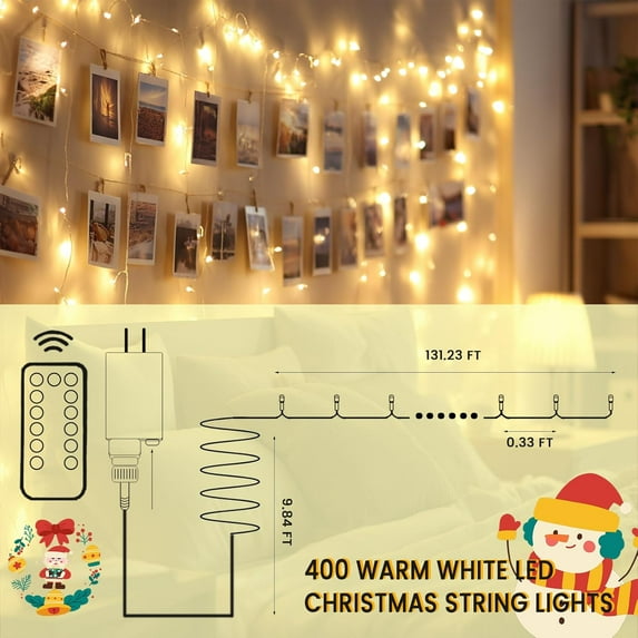 SHIQI-132Ft Christmas String Lights Plug in, 400 Warm White LED Lights ...