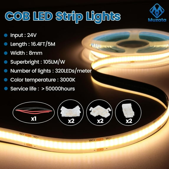 SHIQI-16.4FT/5M 320LED/m High Density COB LED Strip Lights DC24V 3000K ...