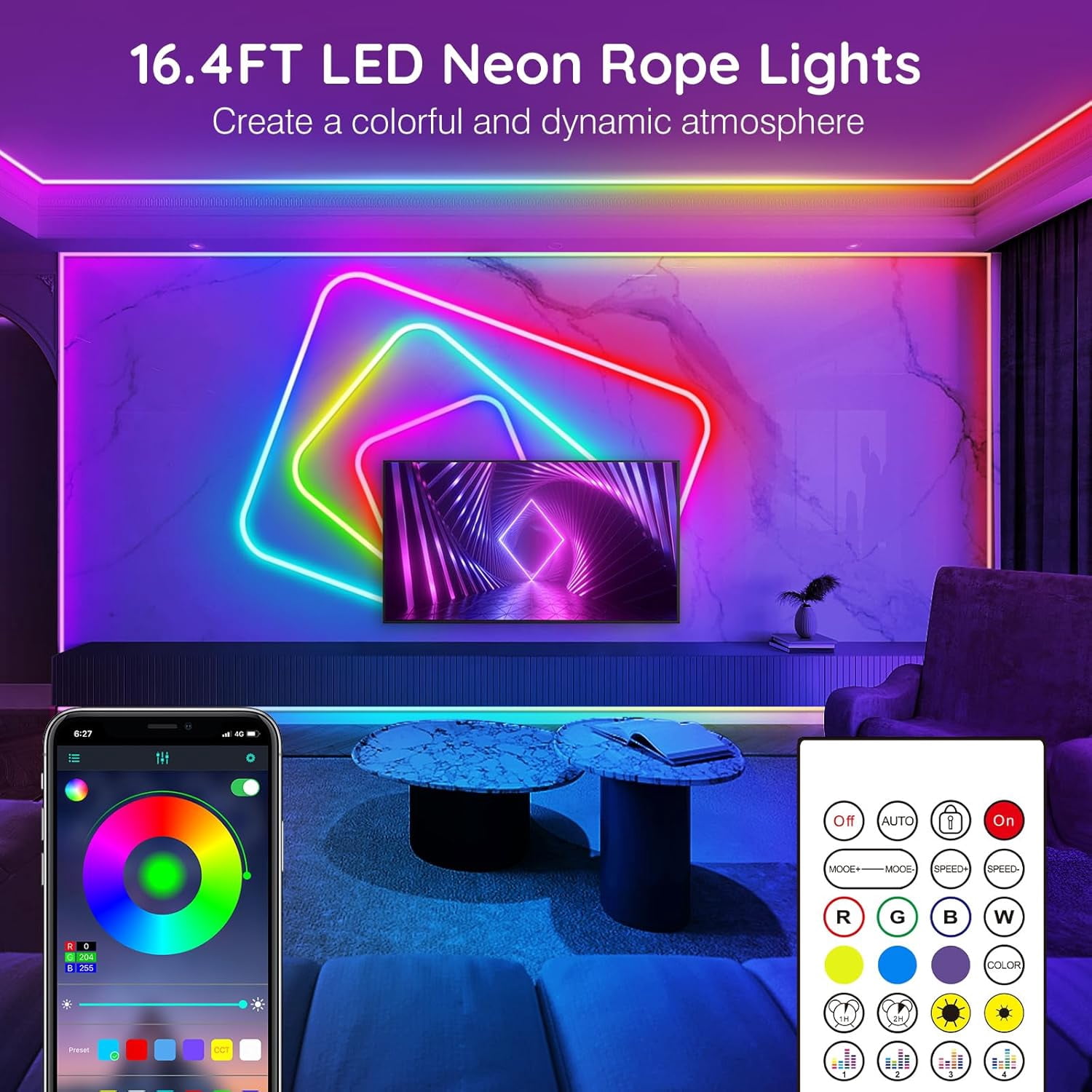 SHIQI-16.4Ft Neon Rope Lights,Flexible Led Rope Lights Control with App ...