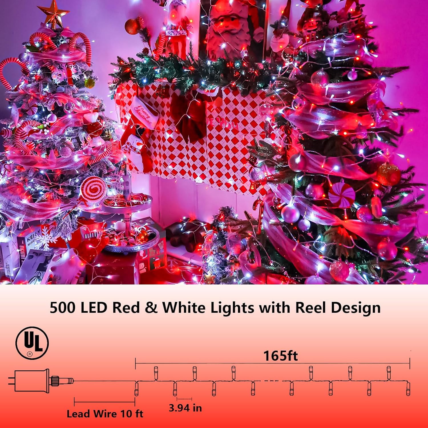 SHIQI-165ft 500 LED Red and White Christmas Lights Outdoor Waterproof ...
