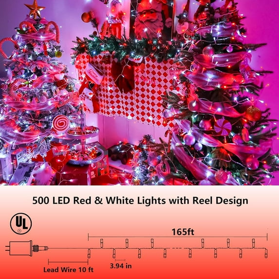 SHIQI-165ft 500 LED Red and White Christmas Lights Outdoor Waterproof ...