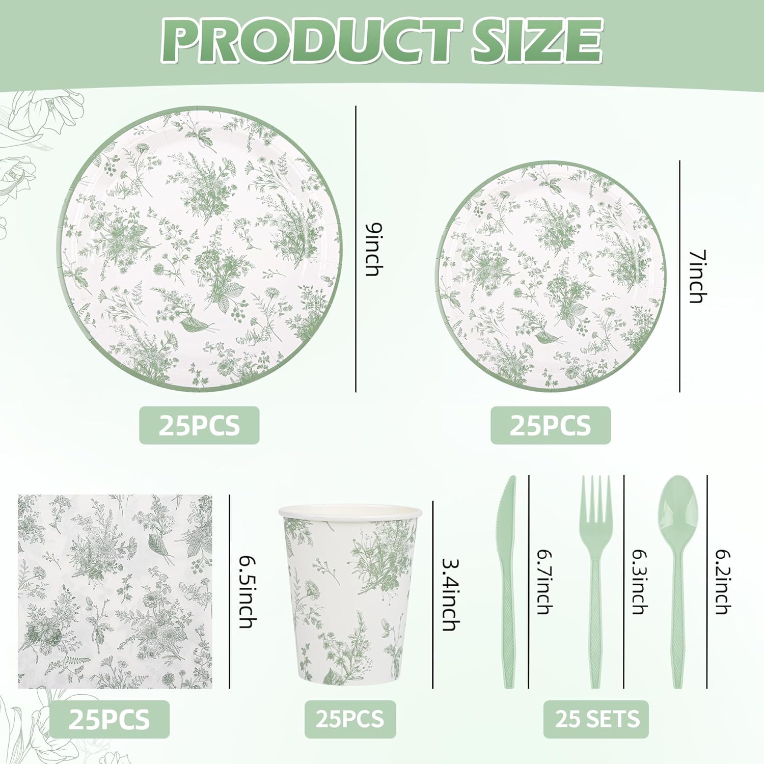 SHIQI-175Pcs Sage Green Floral Paper Plates and Napkins 25 Guests Sage ...