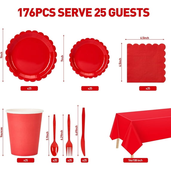 SHIQI-176 Pcs Red Paper Plates and Napkins, Red Party Supplies Include ...