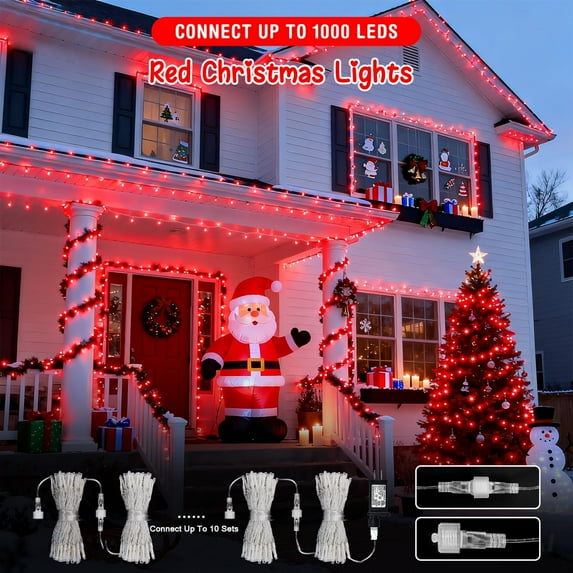 SHIQI-2 Pack 100 LED Red Christmas Lights Outdoor Waterproof, Each 33ft ...
