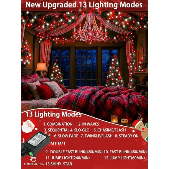 SHIQI-2 Pack 66FT 200 LED Red and White Christmas String Lights Indoor ...