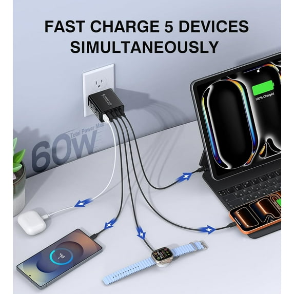 SHIQI-[2-Pack] USB C Wall Charger, 60W Type C Charger Block 5-Port Fast ...
