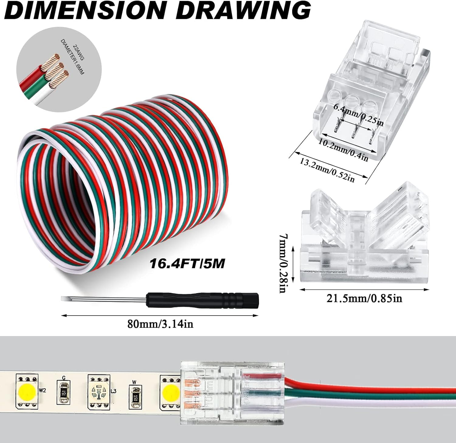 SHIQI-20 Pack 4 Pin 10mm Solderless LED Strip Connector Transparent ...