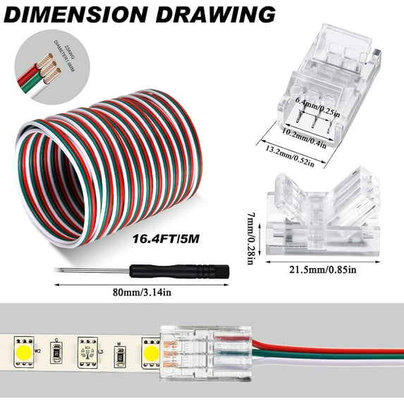 SHIQI-20 Pack 4 Pin 10mm Solderless LED Strip Connector Transparent ...