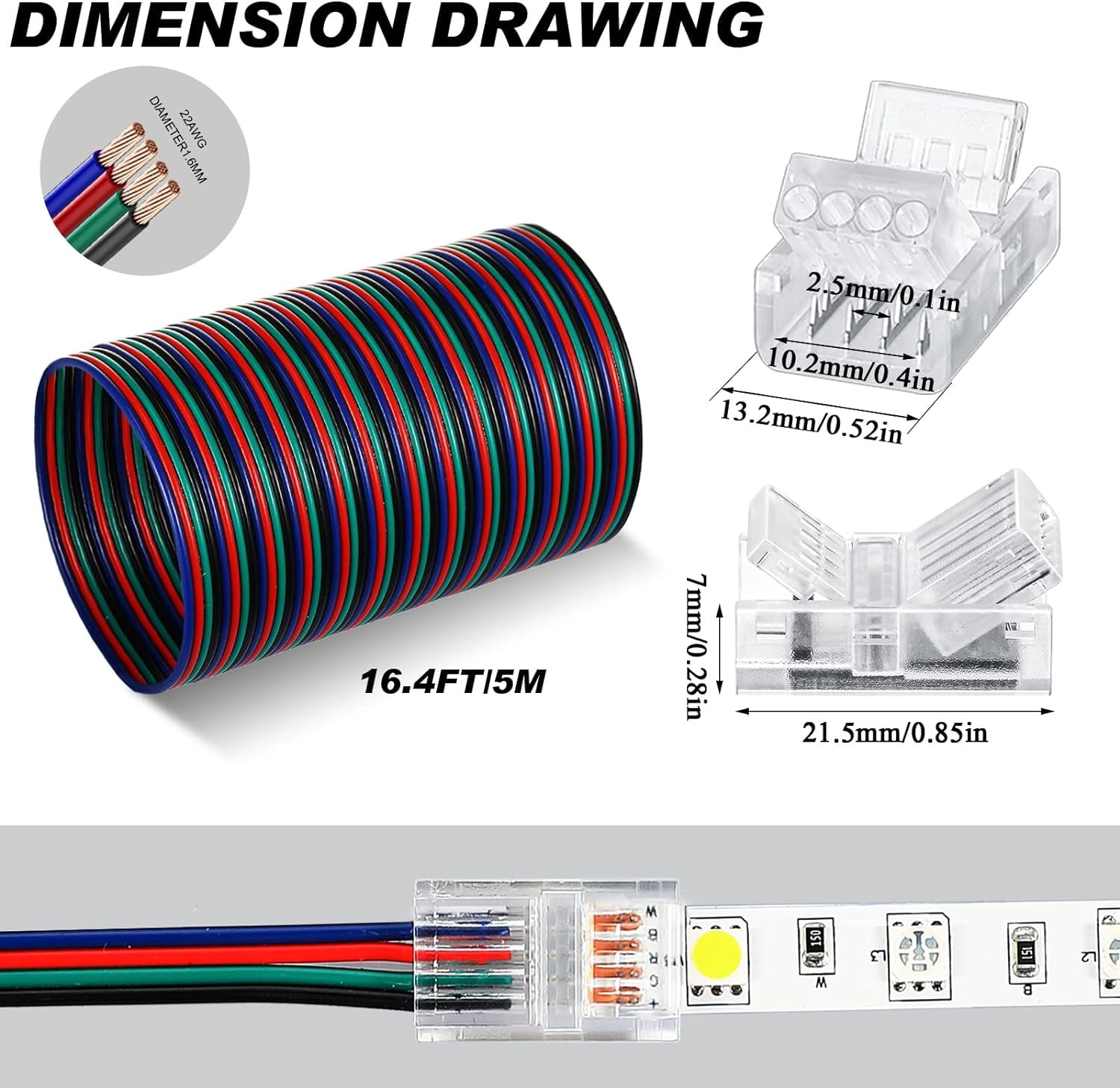 SHIQI-20 Pack 4 Pin 10mm Solderless LED Strip Connector Transparent ...