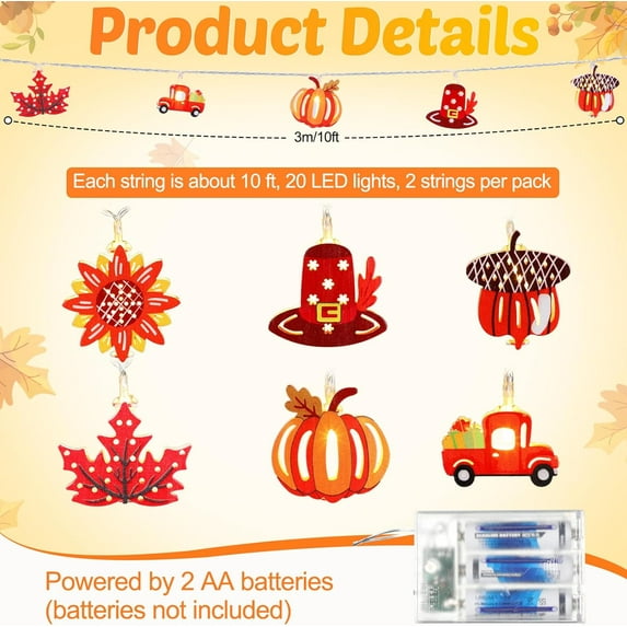SHIQI-20 ft Thanksgiving Fall String Lights 40 LED Fall Maple Leaf ...