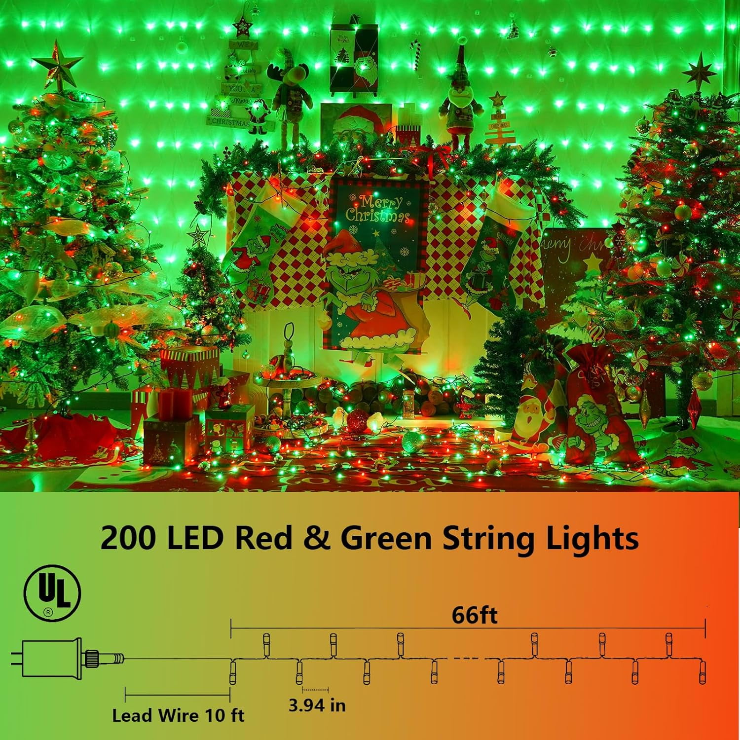 SHIQI-200 LED 66ft Christmas Lights Outdoor Waterproof, Red and Green ...