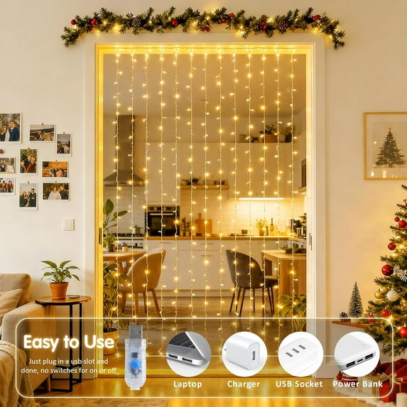 SHIQI-200 LED Christmas Curtain Lights for Bedroom, Warm White Hanging ...